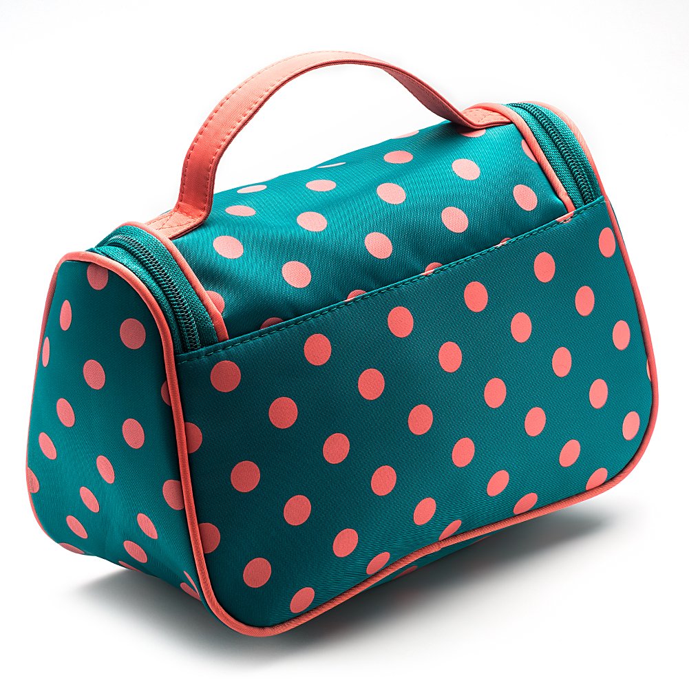 Yeiotsy Cute Travel Makeup Bag, Cute Polka Dots Toiletry Bag with Handle for Girls Cosmetic Organizer for Women (Lake Blue)