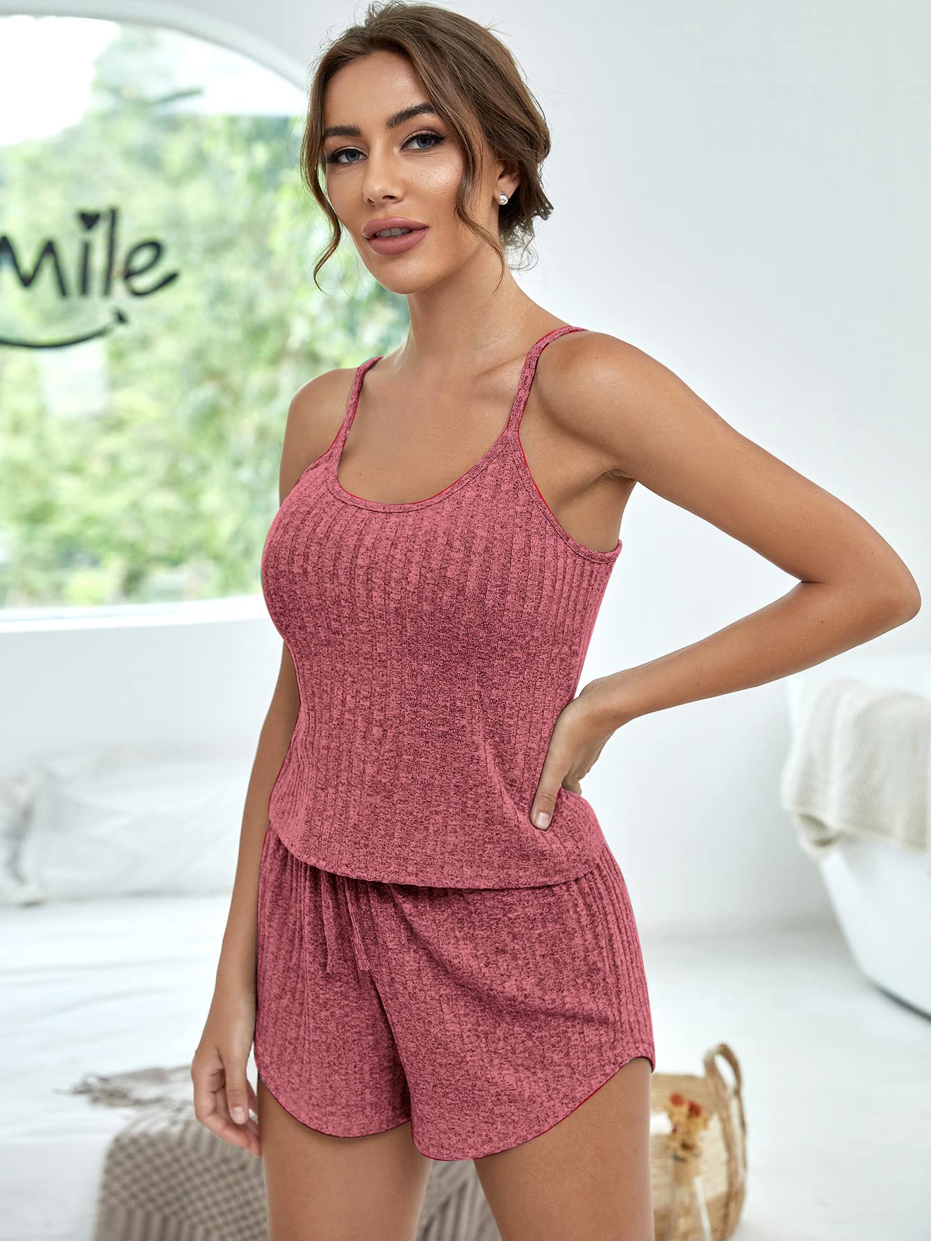 Verdusa Women's 2 Piece Pajama Sets Rib Knit Crop Cami Top and Shorts PJ Set Red S