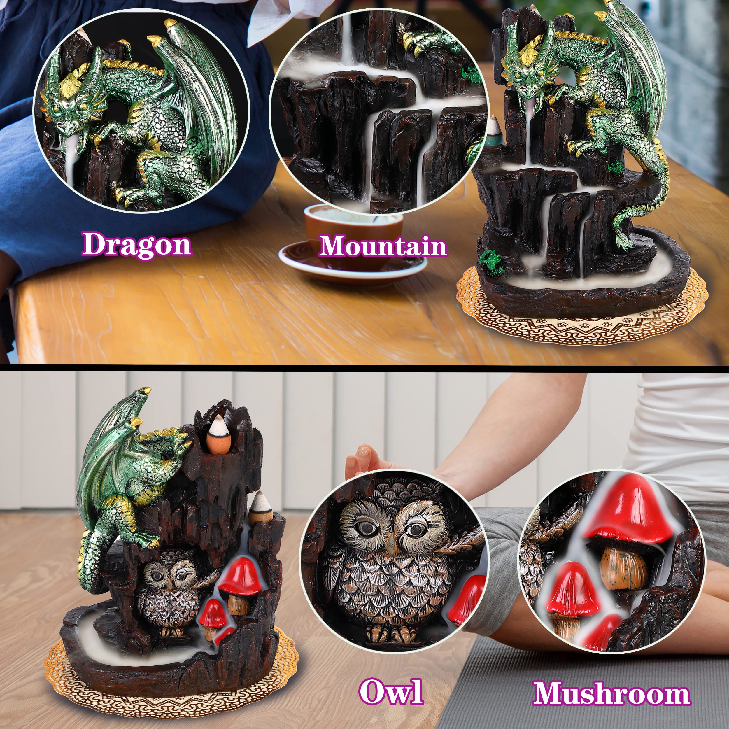 Zvaiuk Dragon Backflow 2 Sided Mountain Waterfall Incense Burner,Fountain Smoke Incense Holder with 100 Backflow Incense Cones, Tweezers, Mat,Resin Aromatherapy Meditation Decor
