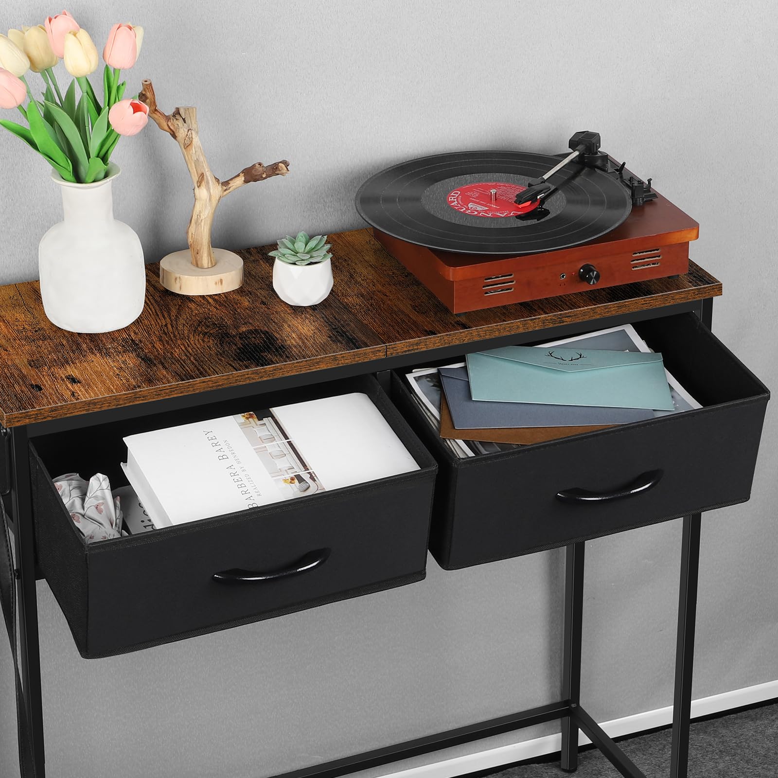 YBING Small Entryway Table, Narrow Console Table with Drawers, Sofa Table with Hook, Narrow Hallway Table for Living Room, Bedroom, Couch, Foyer, Industrial, Brown and Black