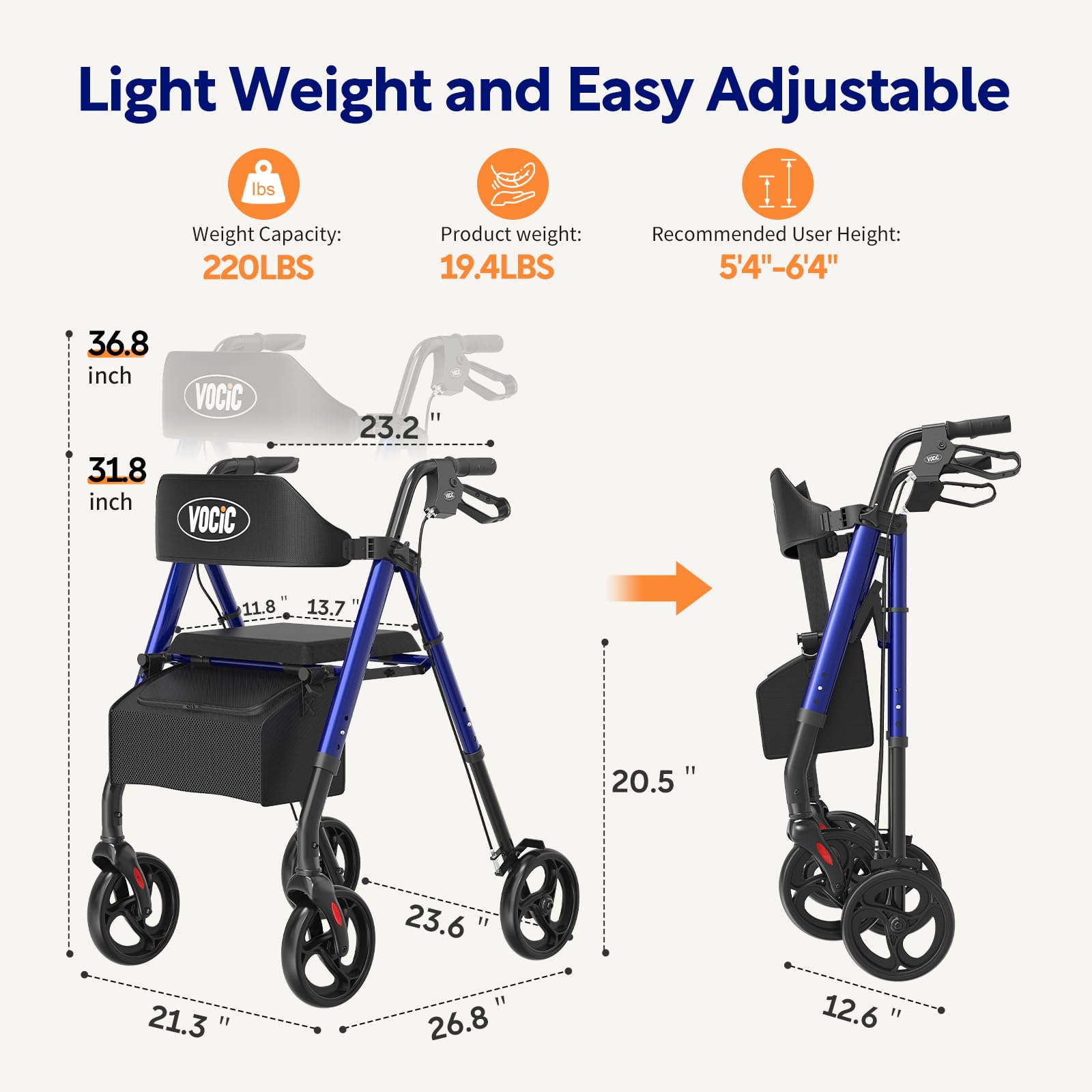 Walkers for Seniors with Seat, VOCIC Lightweight Iron-Aluminum Combination Rollator with Seat for Seniors,Folding Walker with 8" Wheels-Pashion Blue