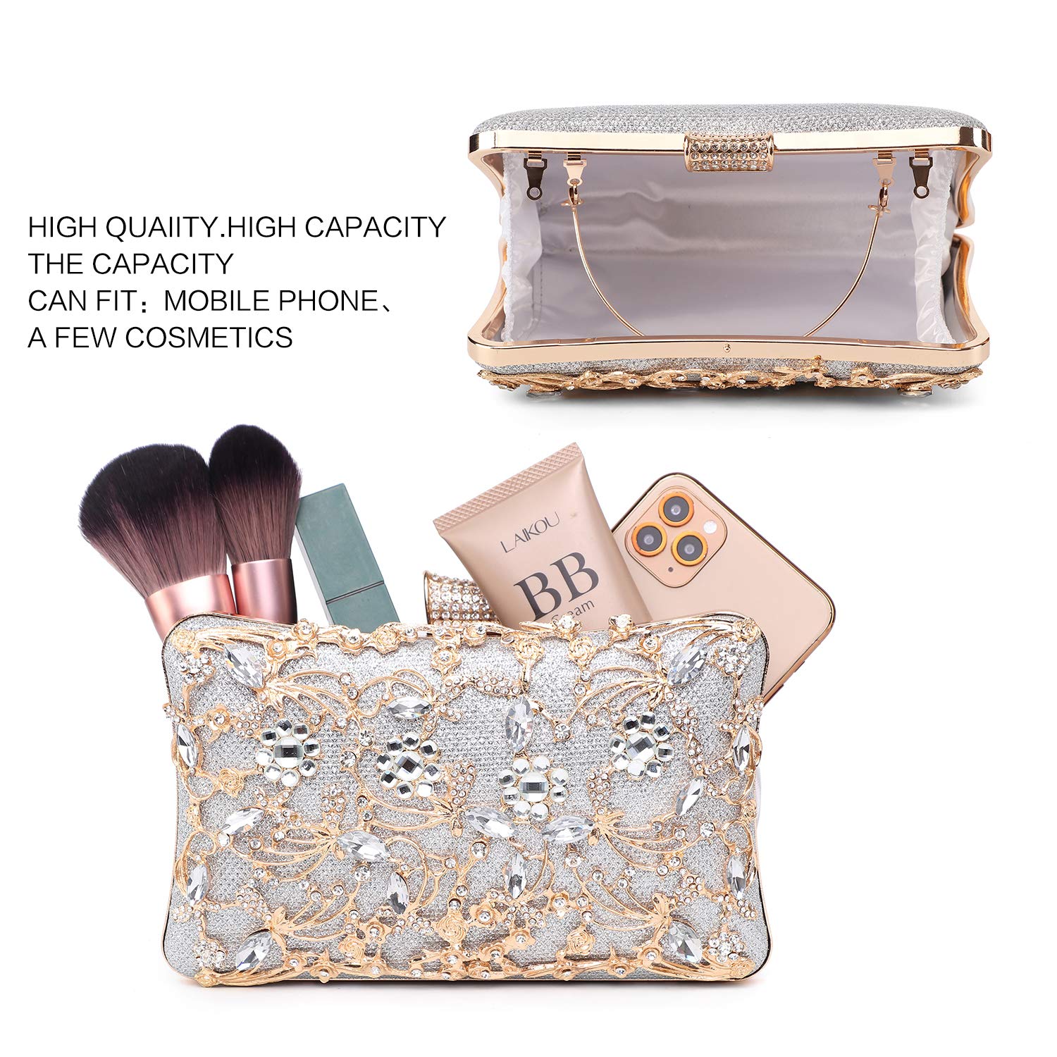 Womens Beaded Clutch Rhinestone Evening Bag Wedding Bridal Prom Purse,Silver-1.