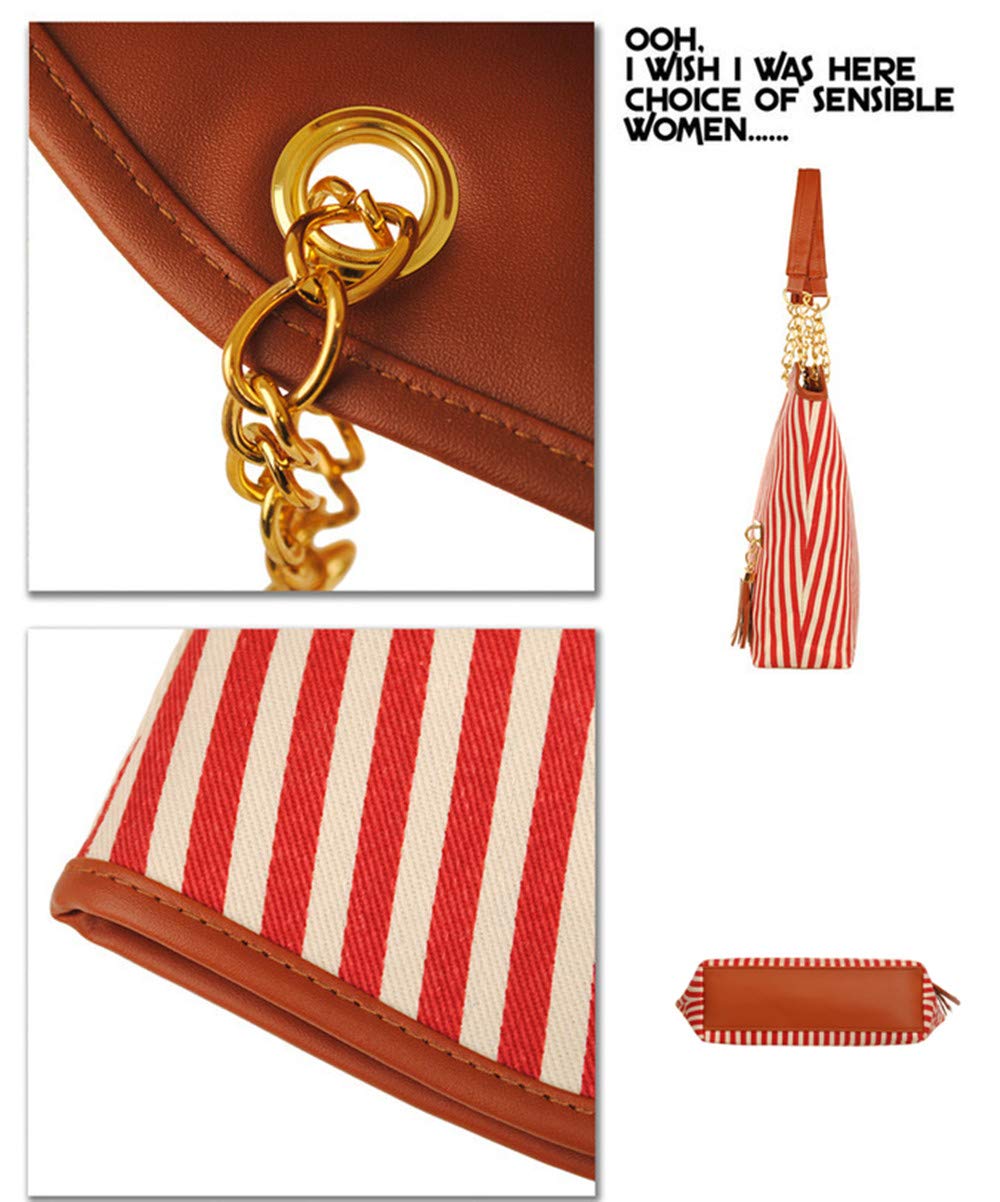 Womens Canvas Handbag Tassel Stripes Purse Tote Fashion Shoulder Bag Large Capacity, Red and White