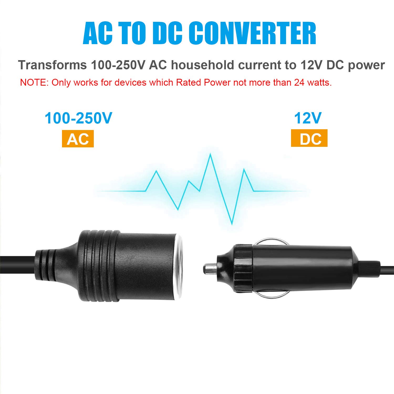 YONHAN AC to DC Converter 24W 2A Car Cigarette Lighter Socket 100~250V to 12V AC/DC Supply Adapter Transformer, is NOT Compatible with Any Devices which Start/Working Current May Surpass 2 Amperes