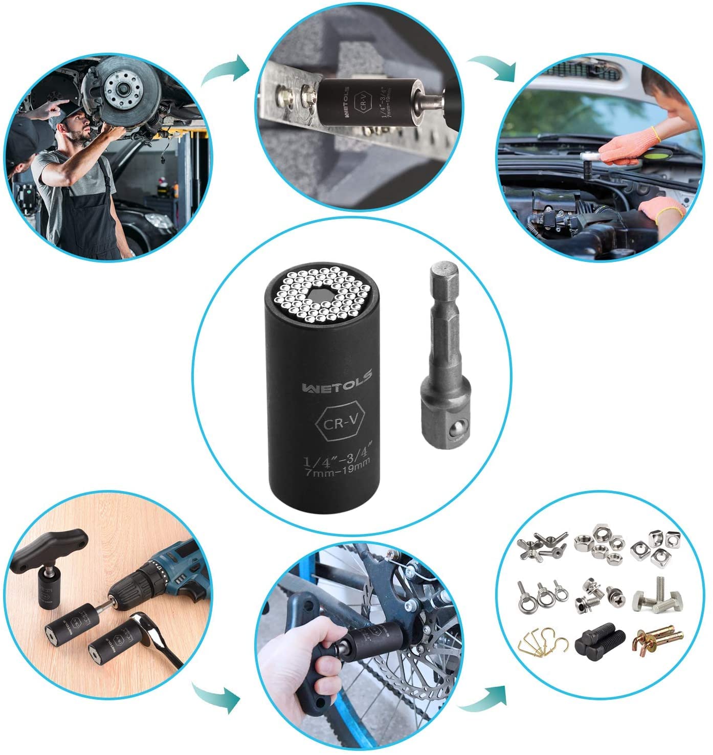 WETOLS Universal Socket, Grip Socket Set Fits Standard 1/4'' - 3/4'' Metric 7mm-19mm, with Multi-Function Power Drill Adapter, for Men Father Dad Husband, WE-883