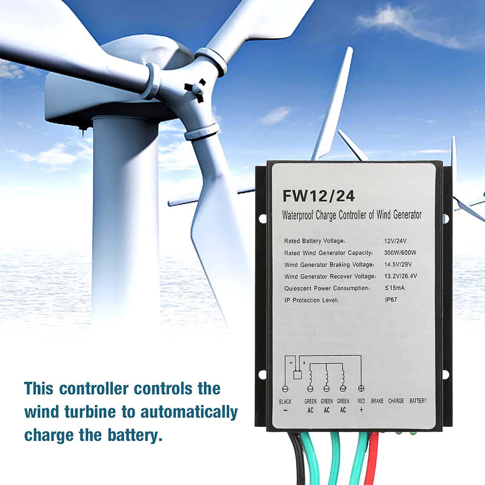 Wind Turbine Controller, 12/24V IP67 Waterproof Generator Controller Wind Turbine Automatic Controller for 300W/600W Wind Turbine System