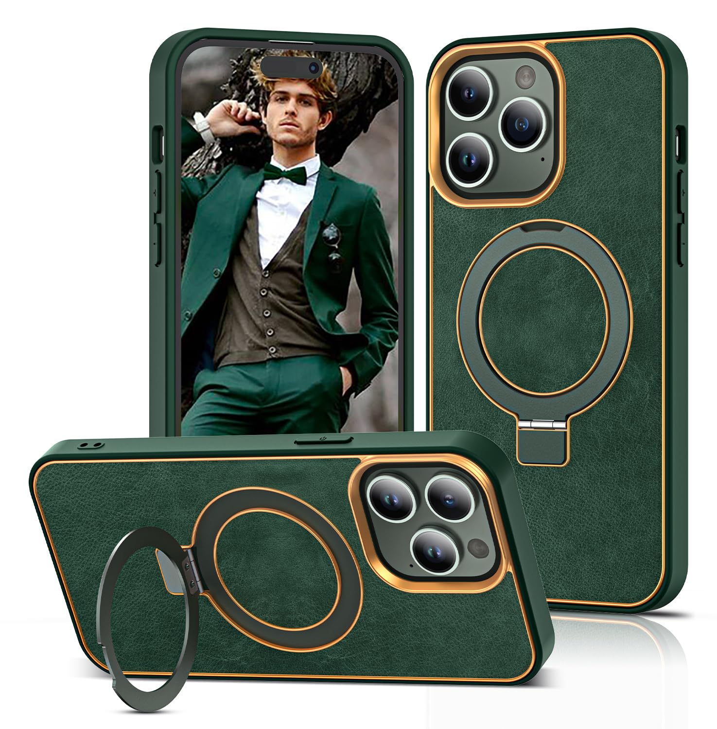 YEMODO for iPhone 14 Pro Case with Magnetic Invisible Ring Stand Leather Business Phone Case Compatible with Magsafe Shockproof Protection Classic Luxury Slim Cover for Women Men,Green