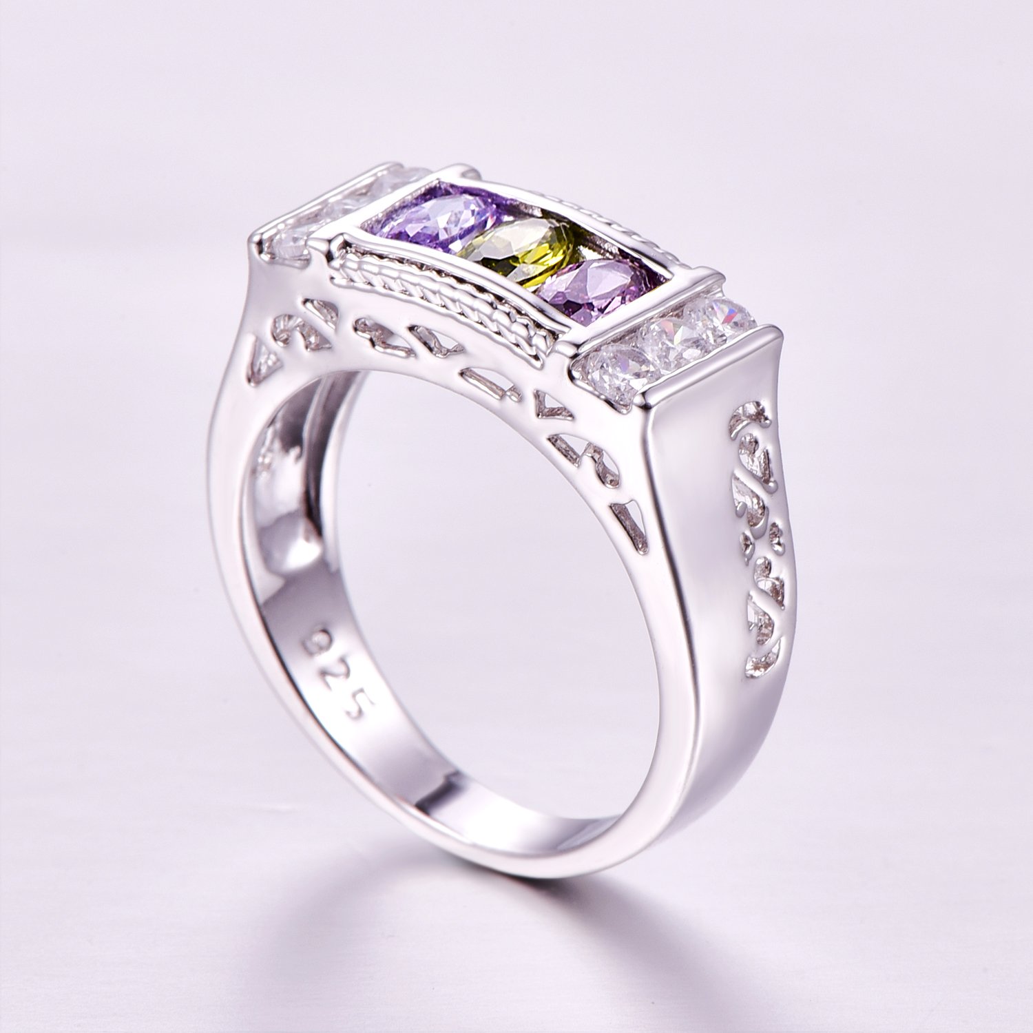 Veunora Silver Plated Created Peridot Amethyst 3x5mm 3-Stone Cubic Zirconia Filled Promise Ring Band for Women Size 8
