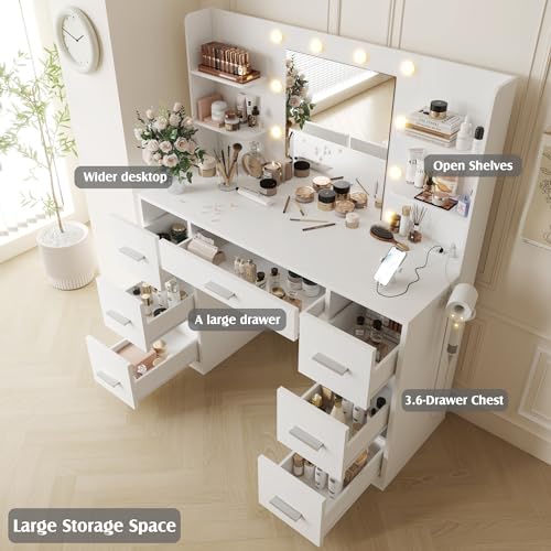 YESHOMY Vanity Desk with Mirror, Power Outlet and 10 Lights, Makeup Table with 7 Drawers, 3 Color Modes Available for Bedroom, White
