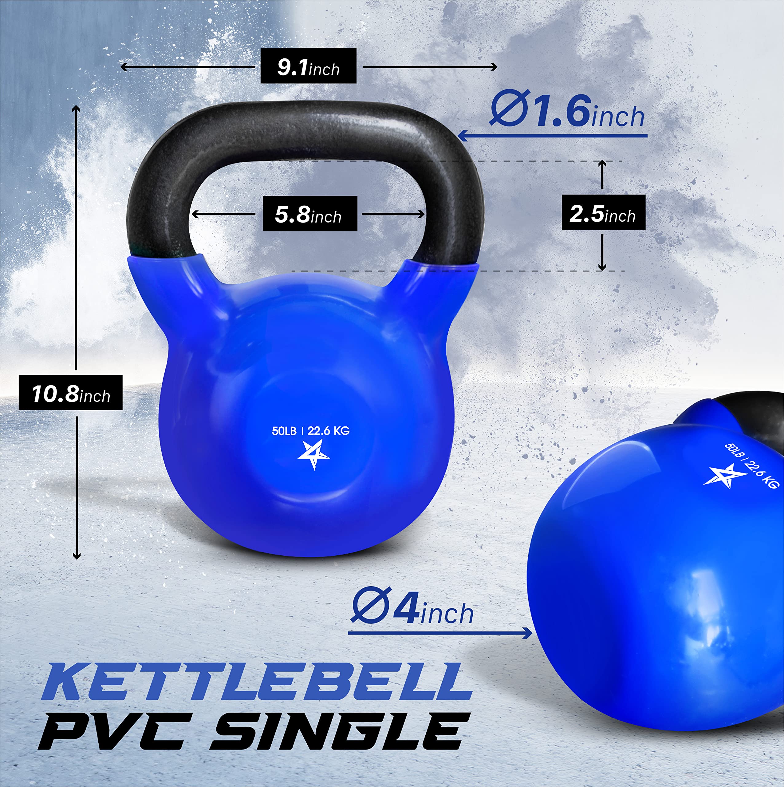 Yes4All 50 lb Kettlebell Weight Vinyl Coated Cast Iron for Dumbbell Weights Exercises, Gym, Fitness, Full Body Workout Equipment Push up, Grip and Strength Training, Blue
