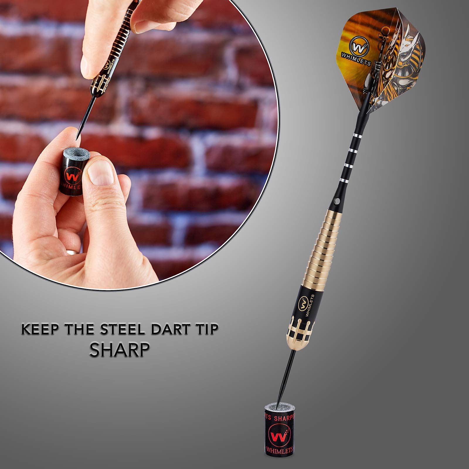 Whimlets Darts Metal Tip Set - Darts Steel Tip Set Professional with Brass Barrels, Professional Darts with Extra Aluminum Shafts, Flights + Dart Tool and Sharpener + Pro Darts Guide and Gift Case