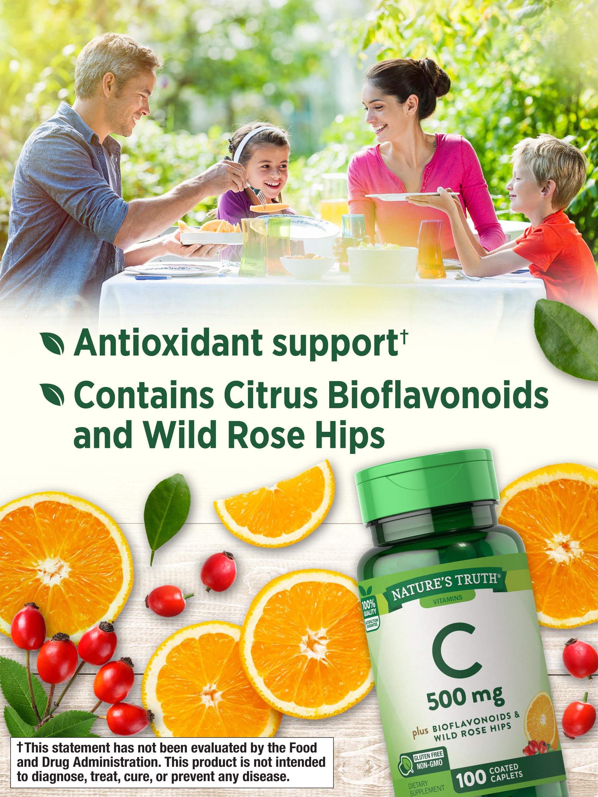 Vitamin C with Rose HIPS and Bioflavonoids | 500mg | 100 Caplets | Vegetarian, Non-GMO & Gluten Free | by Nature's Truth.