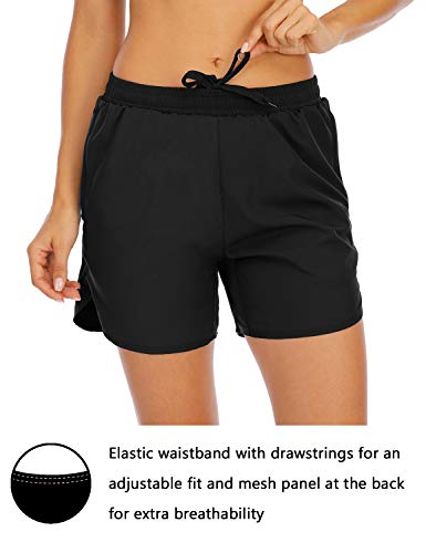 XIEERDUO Women's 5'' Athletic Running Shorts with Mesh Liner Zipper Pockets Gym Workout Training Quick Dry Black XS