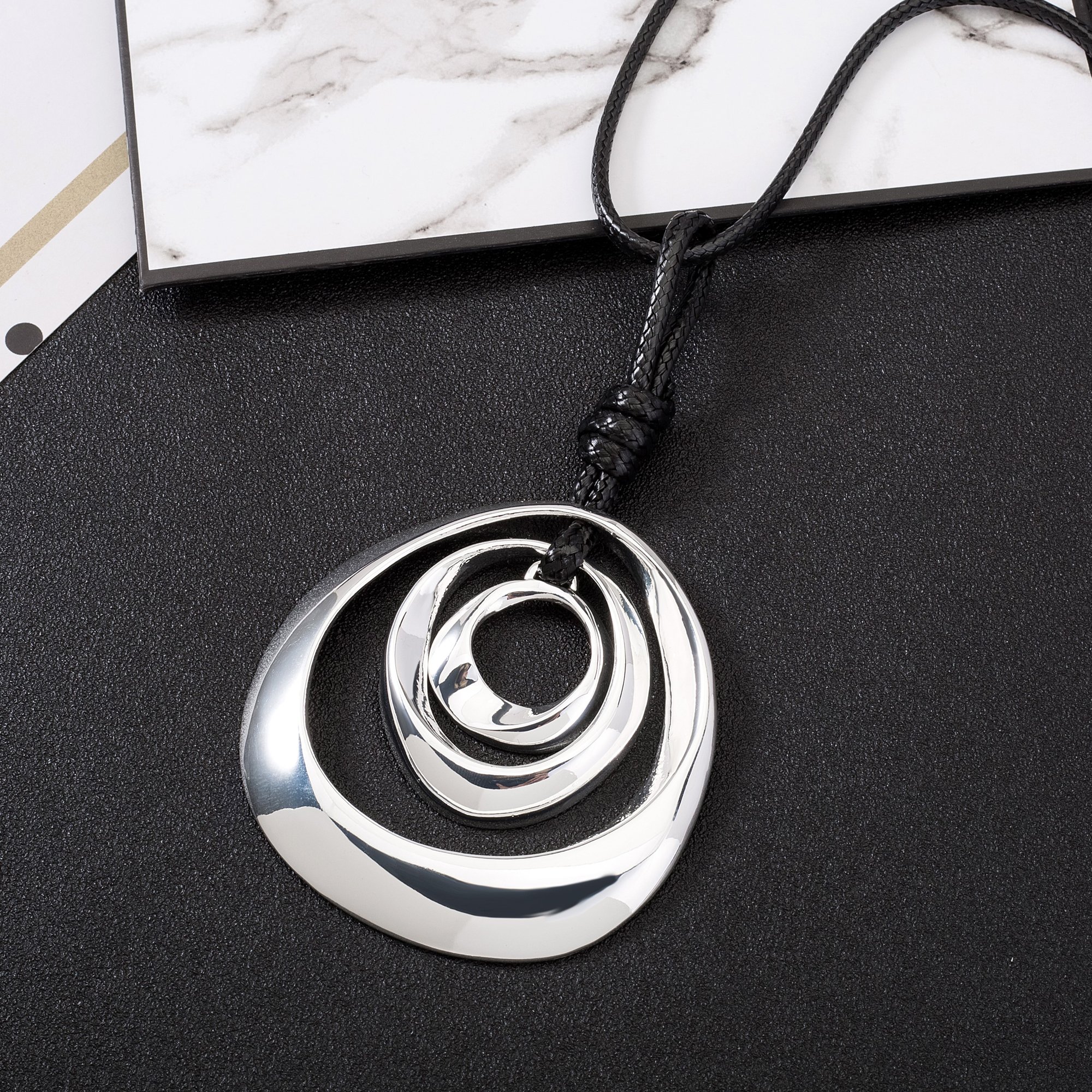 welbijoux Long Pendant Necklaces Silver Pendant Natural Black Rope Chain Bohemian Necklace for Women with Gift Box