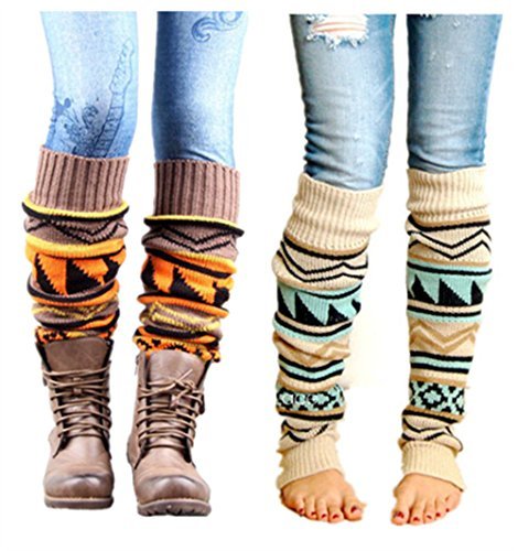 Women's Boho Knitted Warm Long Leg Warmer (Beige&Khaki)