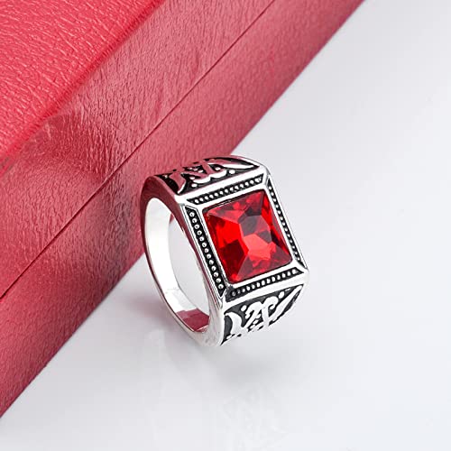 yihan jewelry Unisex Retro Square Diamond Cut Face Red Crystal Band Ring Antique Silver Plated Vintage Patterns Gem Joint Rings Valentine's Day gift (10)