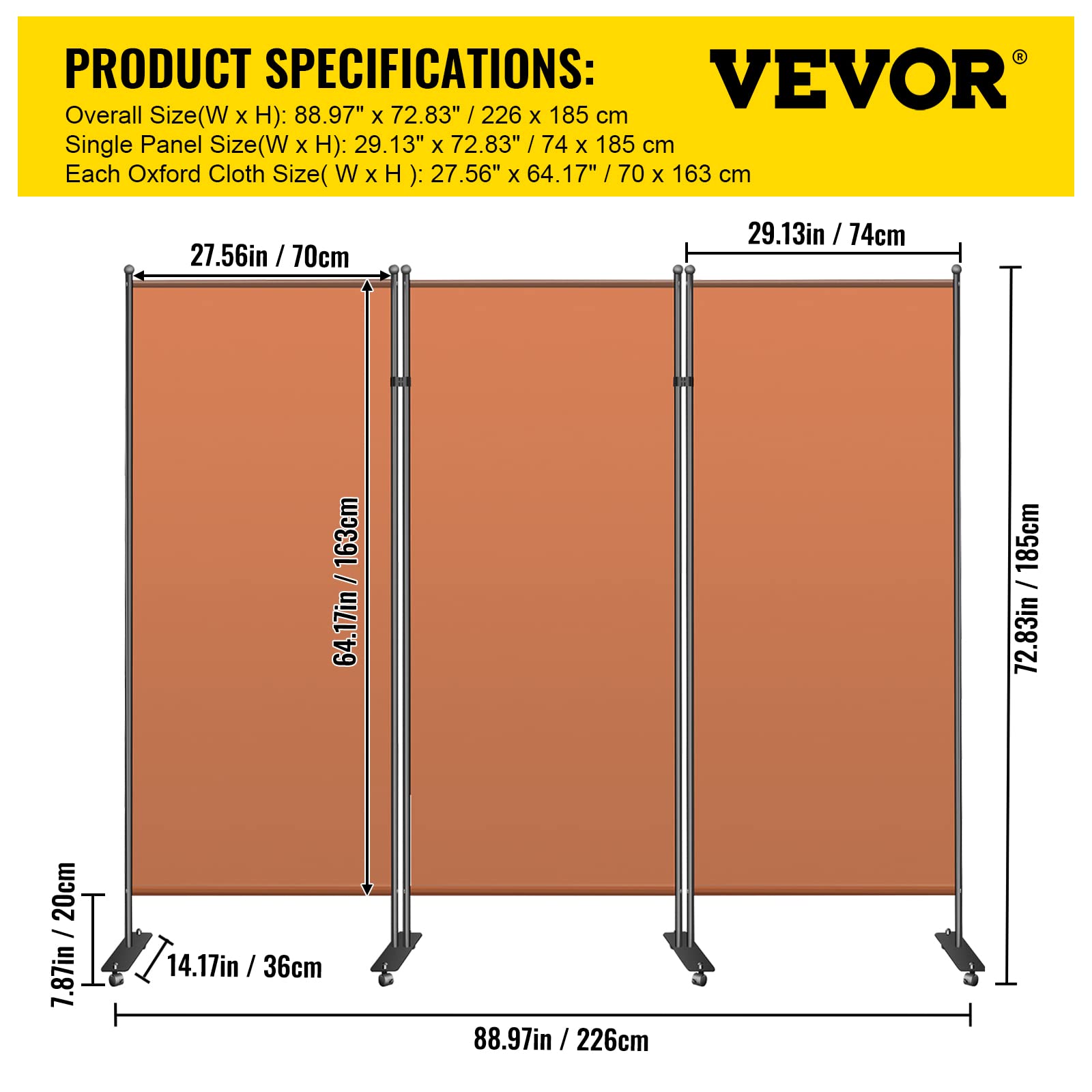 VEVOR Office Partition 89" W x 14" D x 73" H Room Divider 3-Panel Office Divider Folding Portable Office Walls w/Non-See-Through Fabric Room Partition Reddish Brown for Room Office Restaurant