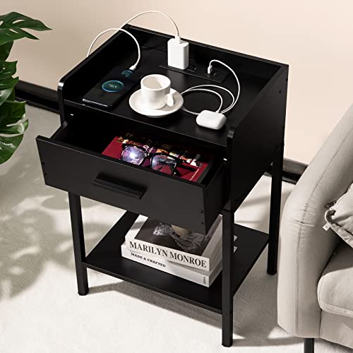 YAHARBO Nightstand with Charging Station and USB Ports, 3-Tier End Side Table with Storage Drawer and Shelf, Bedside Night Stand for Bedroom- Black