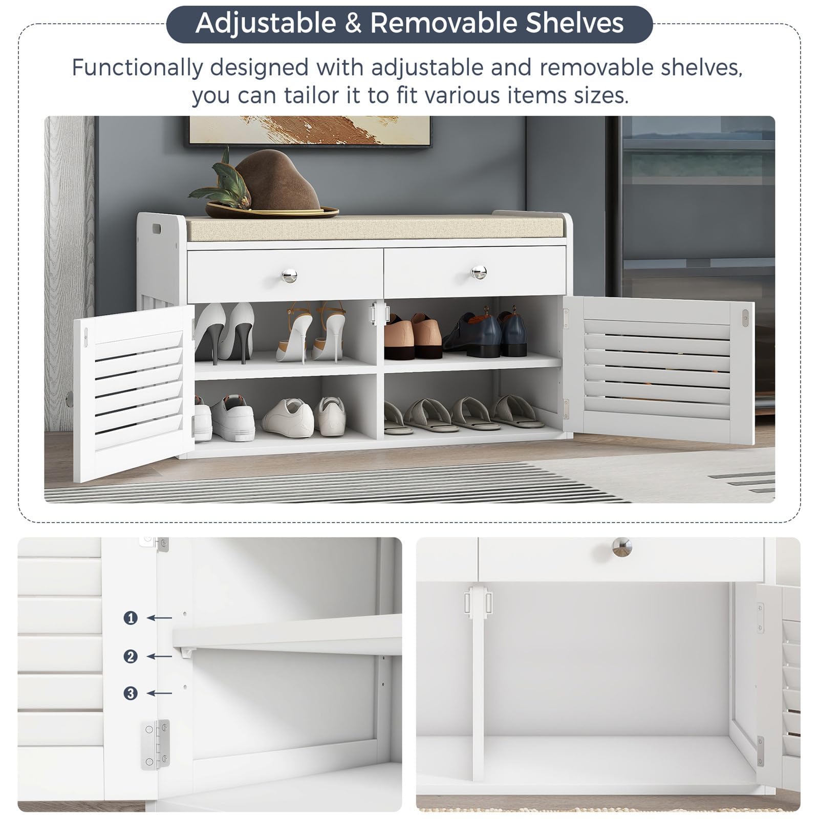 WARMHONIU Shoe Storage Bench with 2 Drawers & 2 Door Cabinet, Entryway Bench with Shoe Storage, Shoe Bench with Cushion, Adjustable Shelves, Shoe Rack Bench for Entryway, Hallway, Bedroom, White