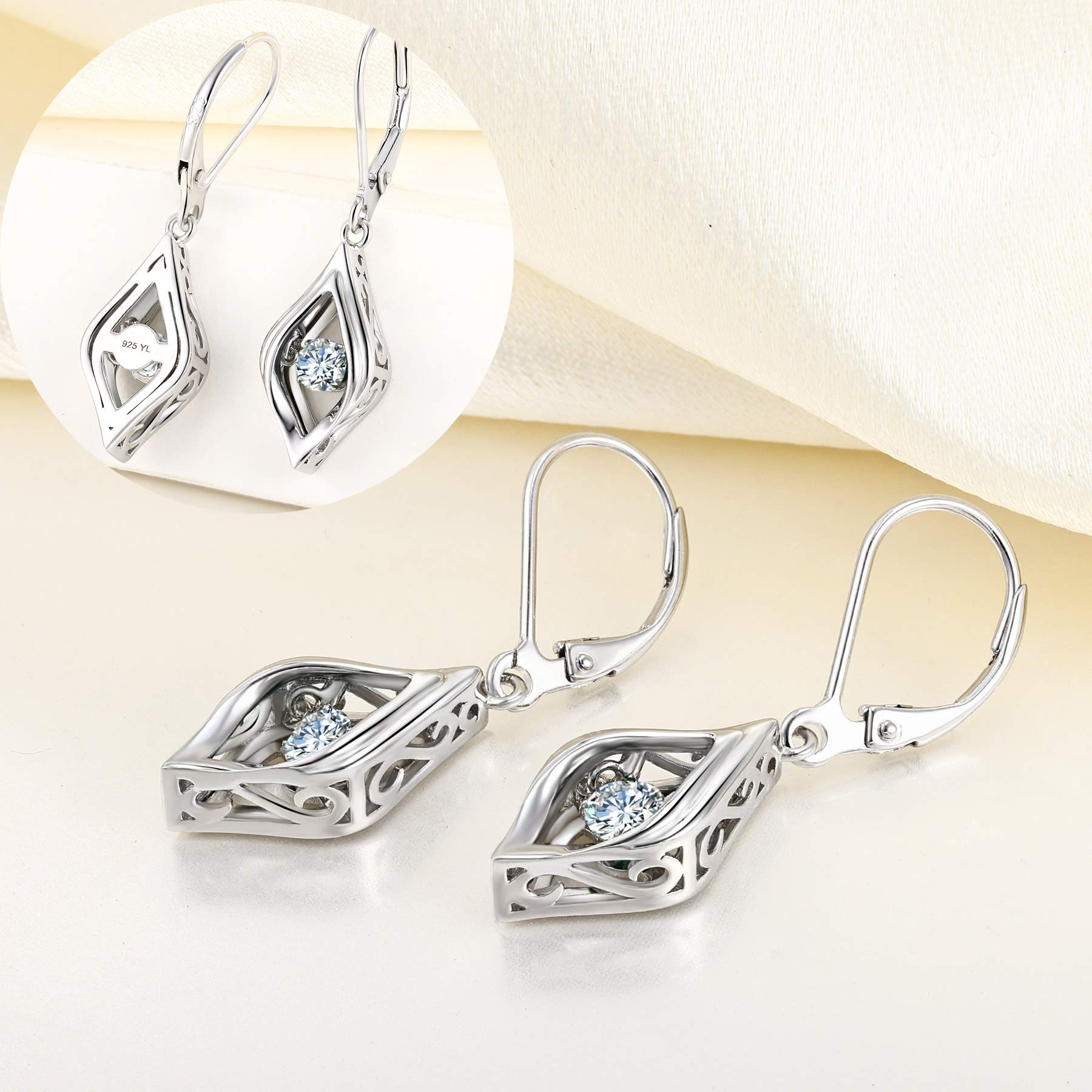YL Eye Earrings 925 Sterling Silver Dancing Diamond Halo Dangle Earrings Birthstones Drop Jewelry (04-diamond-Apr)