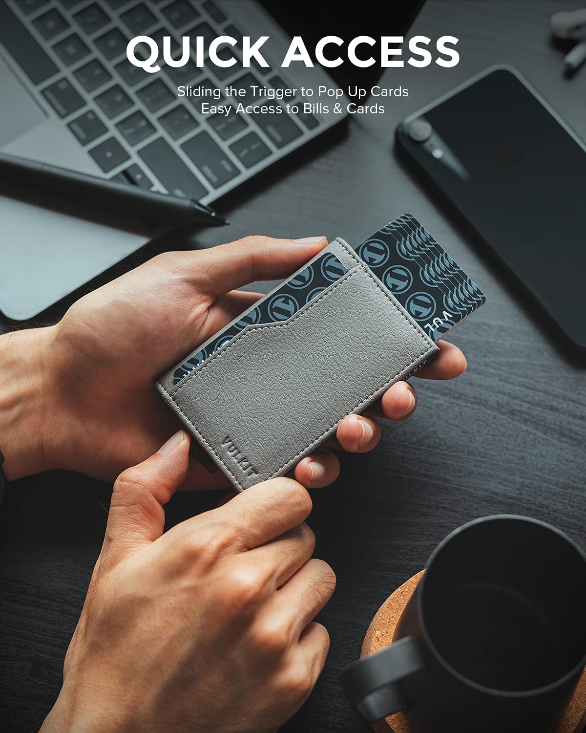VULKIT Card Holder Wallet for Mens with ID Windows RFID Blocking Pop Up Wallet Slim Leather Wallet Holds Up to 12 Cards Men's Card Case, Iron Grey