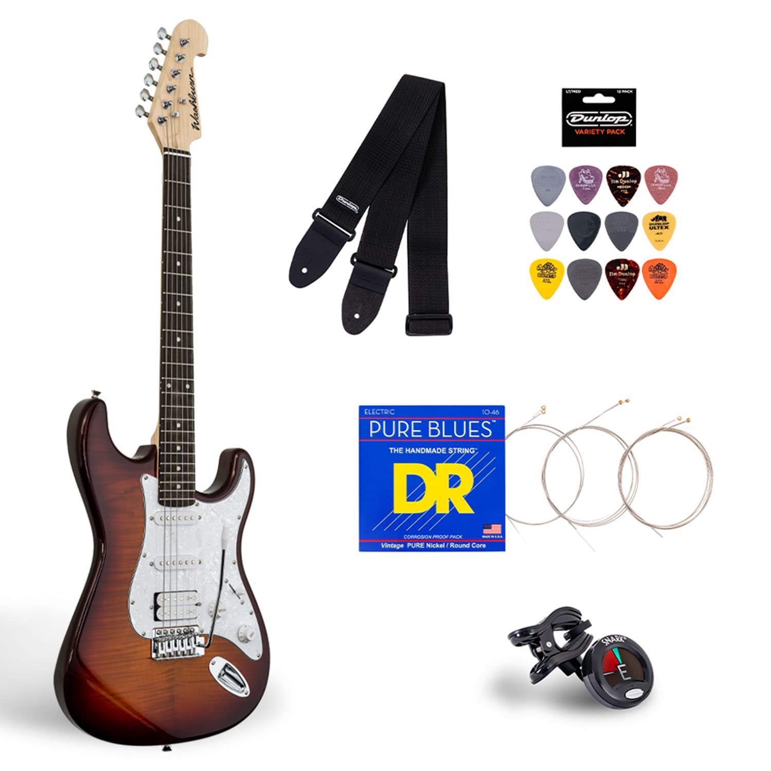 Washburn Sonamaster Electric Guitar Bundle in Sunburst with Flame Maple Veneer Top and H-S-S Pickups, Includes Strap, Picks, Clip-On Tuner and Extra Set of Strings (SDFSB-BNDL)