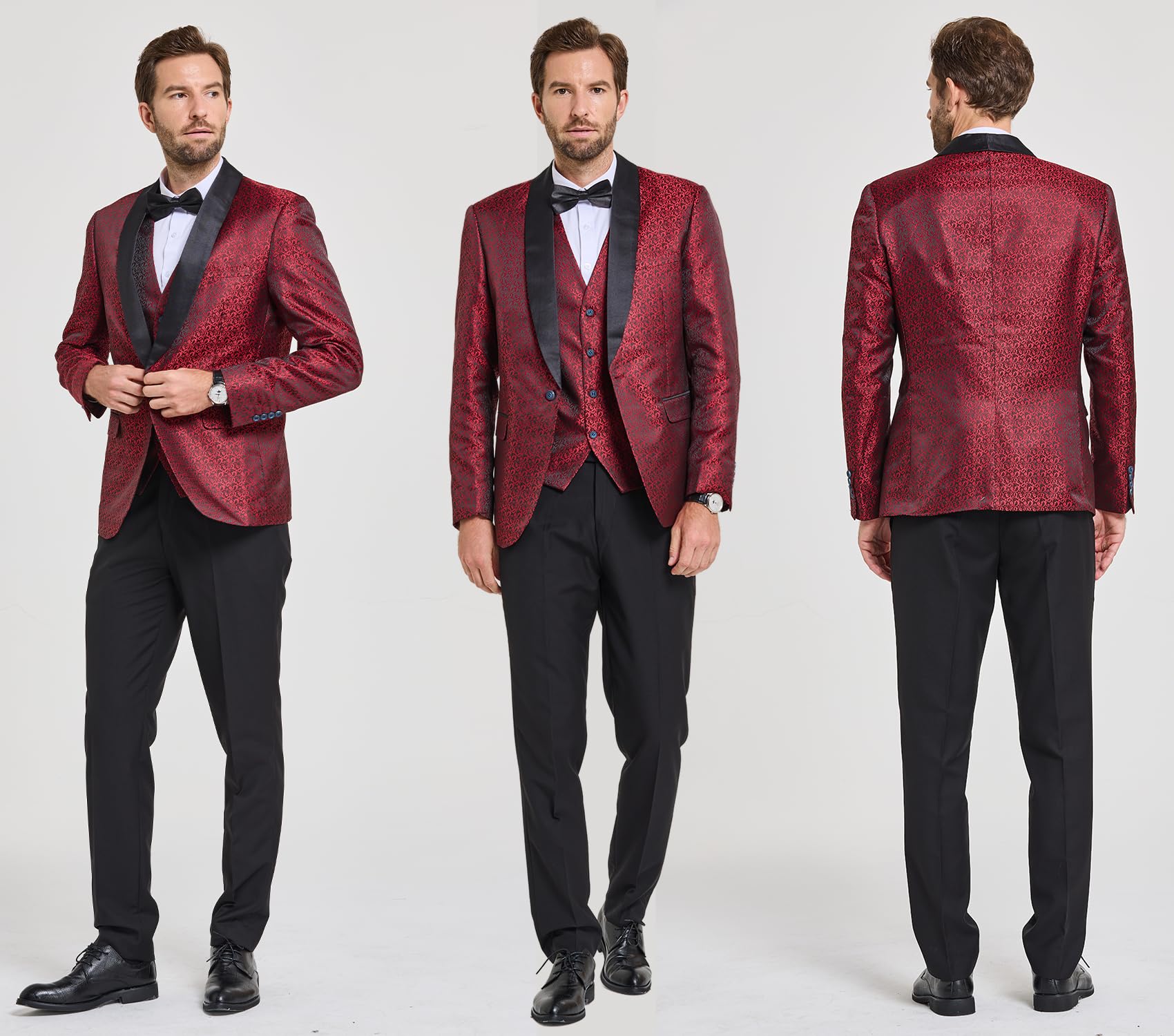 YND Men's 3 Piece Slim Fit Tuxedo Suit Set, One Button Shawl Collar Floral Business Blazer Jacket Vest Pants with Bow Tie, Red