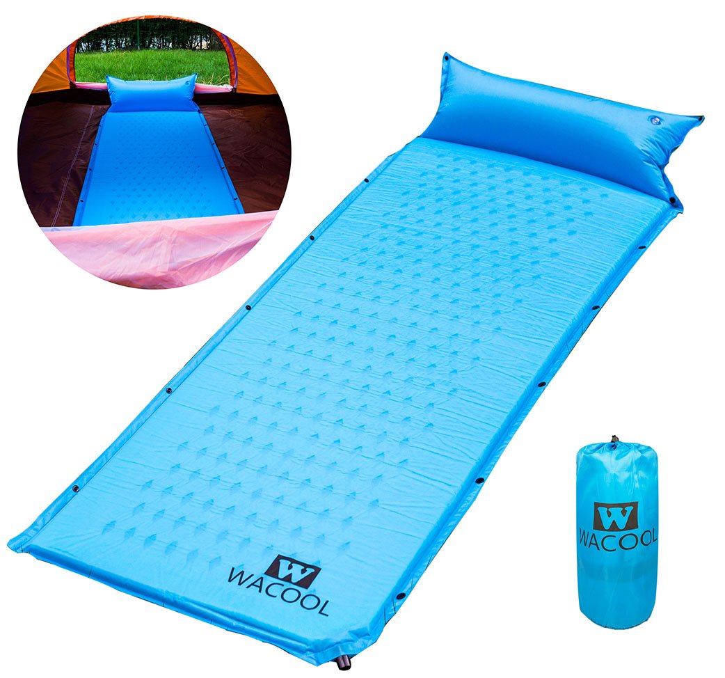 WACOOL Ultralight Inflatable Sleeping Pad Mat Air Mattress - Ultra-Compact for Backpacking, Camping, Travel, Air-Support Cells Design (Blue Sleeping pad)