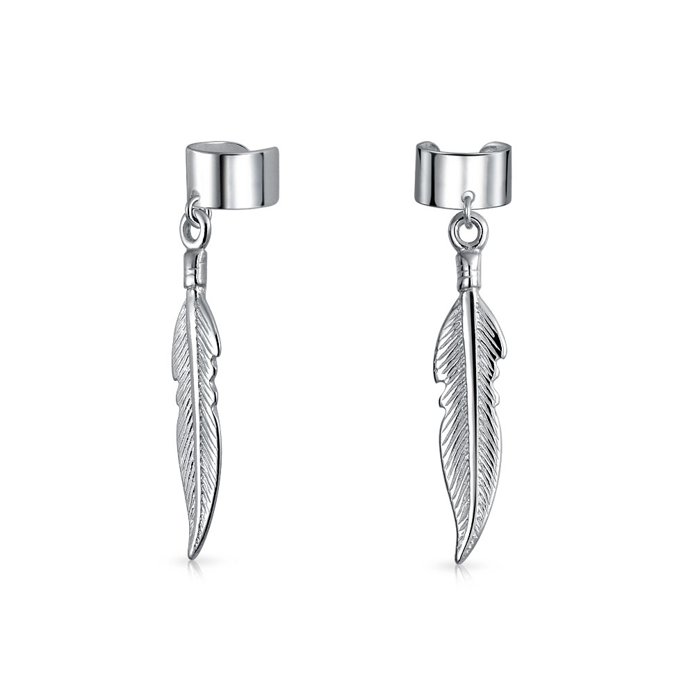 Western Jewelry Native American Feather Leaf Dangling Cartilage Ear Lobe Helix Earrings Warp Chain Ear Cuff Earrings For Women .925 Sterling Silver