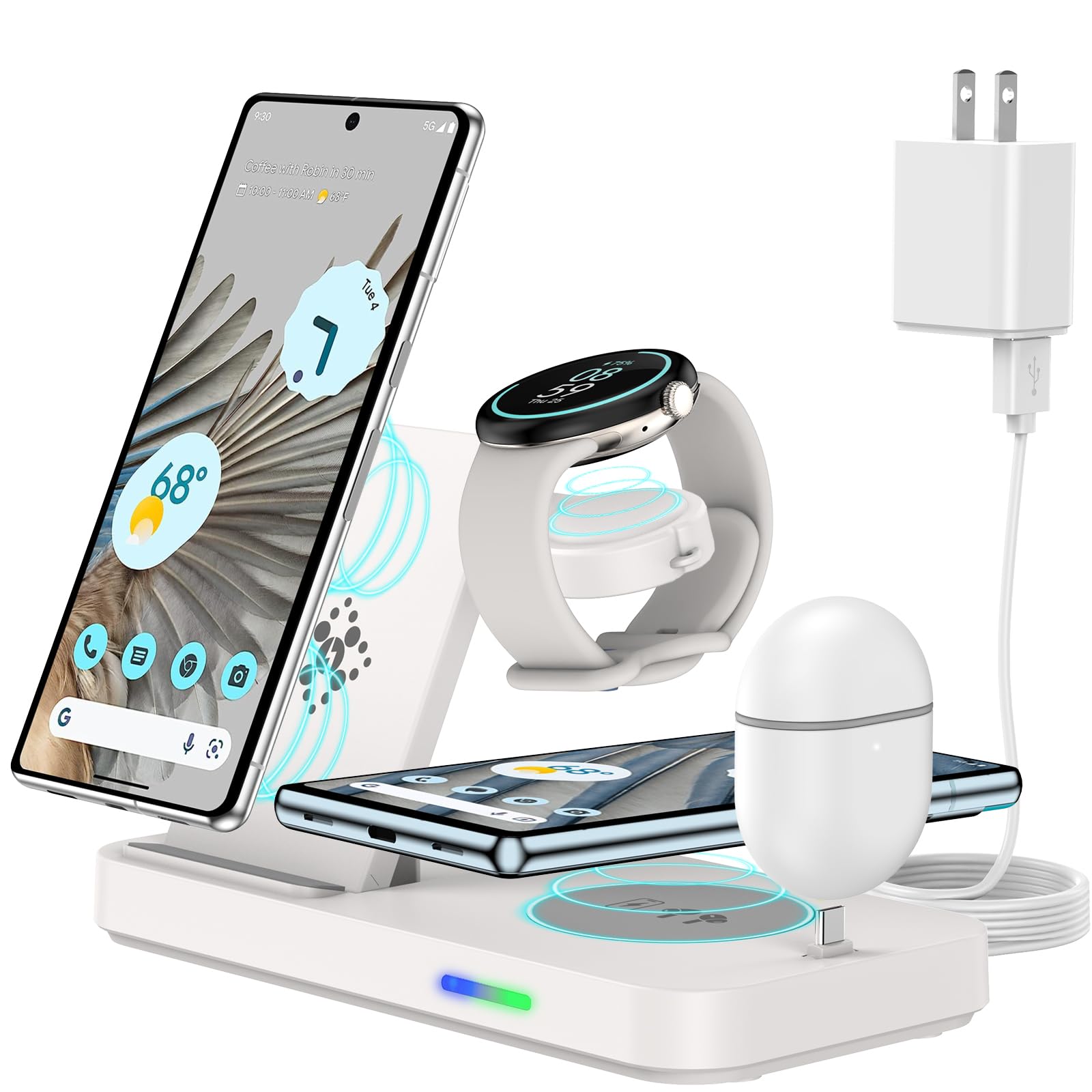 Upgraded 4 in 1 Wireless Charger for Google Pixel Watch 1, Pixel 8 Pro/8/7A/Fold/7/7 Pro/6/6 Pro/5/4/3/XL, Pixel Buds Pro, Foldable Wireless Charging Station for Google Pixel, iPhone, Airpods, Samsung