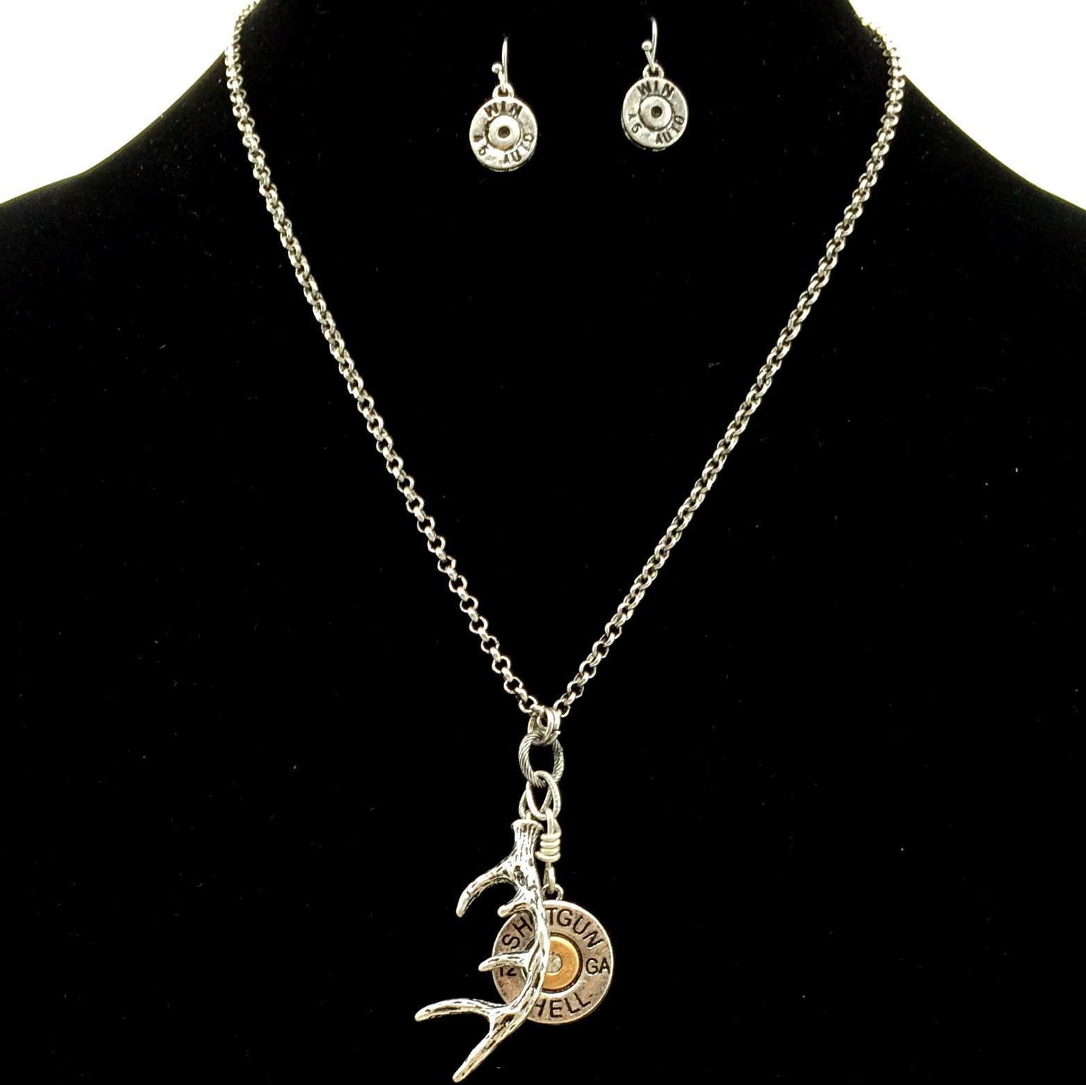 Western Peak Western Shotgun Bullet Shell Buck Antler Charms Pendant Necklace with Earrings Copper Silver (Silver)