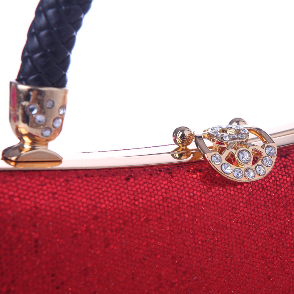 Womens Evening Bag with Rhinestone Top Handle Evening Clutch for Party Weeding Red