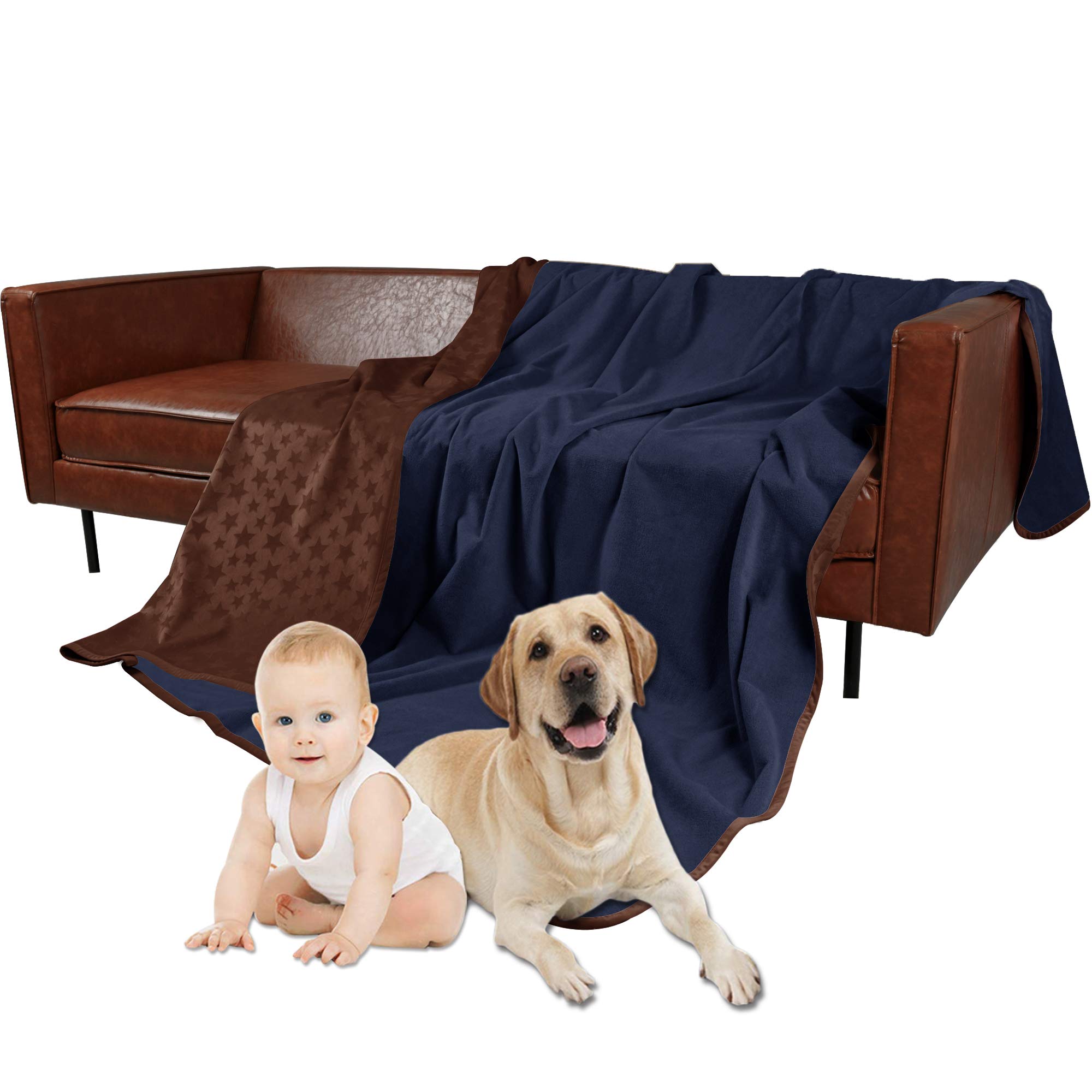 W-ZONE Waterproof Dog Bed Cover Pet Blanket for Furniture Bed Couch Sofa Reversible (6882, Star-Chocolate+NavyBlue)