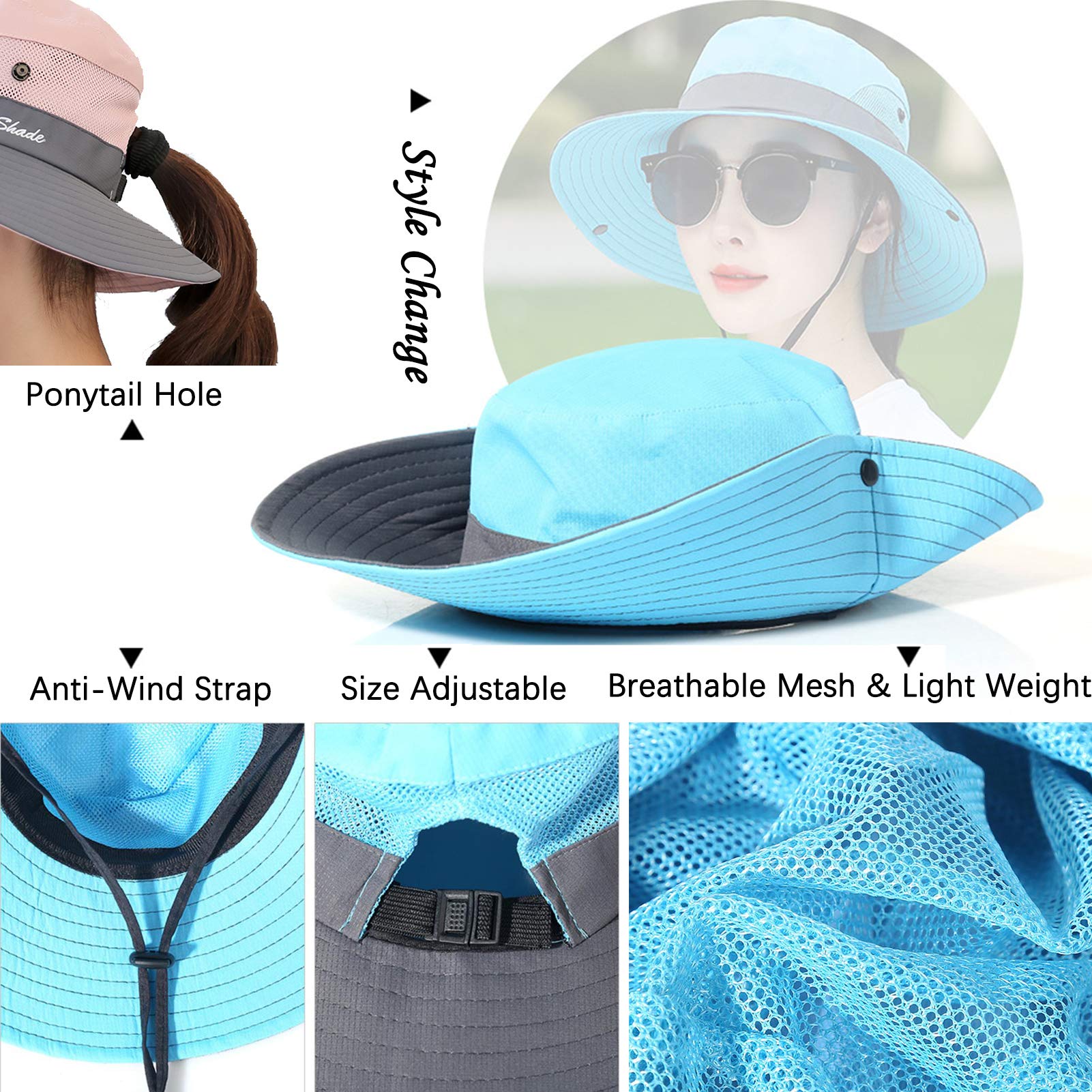 Womens UV Protection Wide Brim Sun Hats - Cooling Mesh Ponytail Hole Cap Foldable Travel Outdoor Fishing Hat Pure Blue