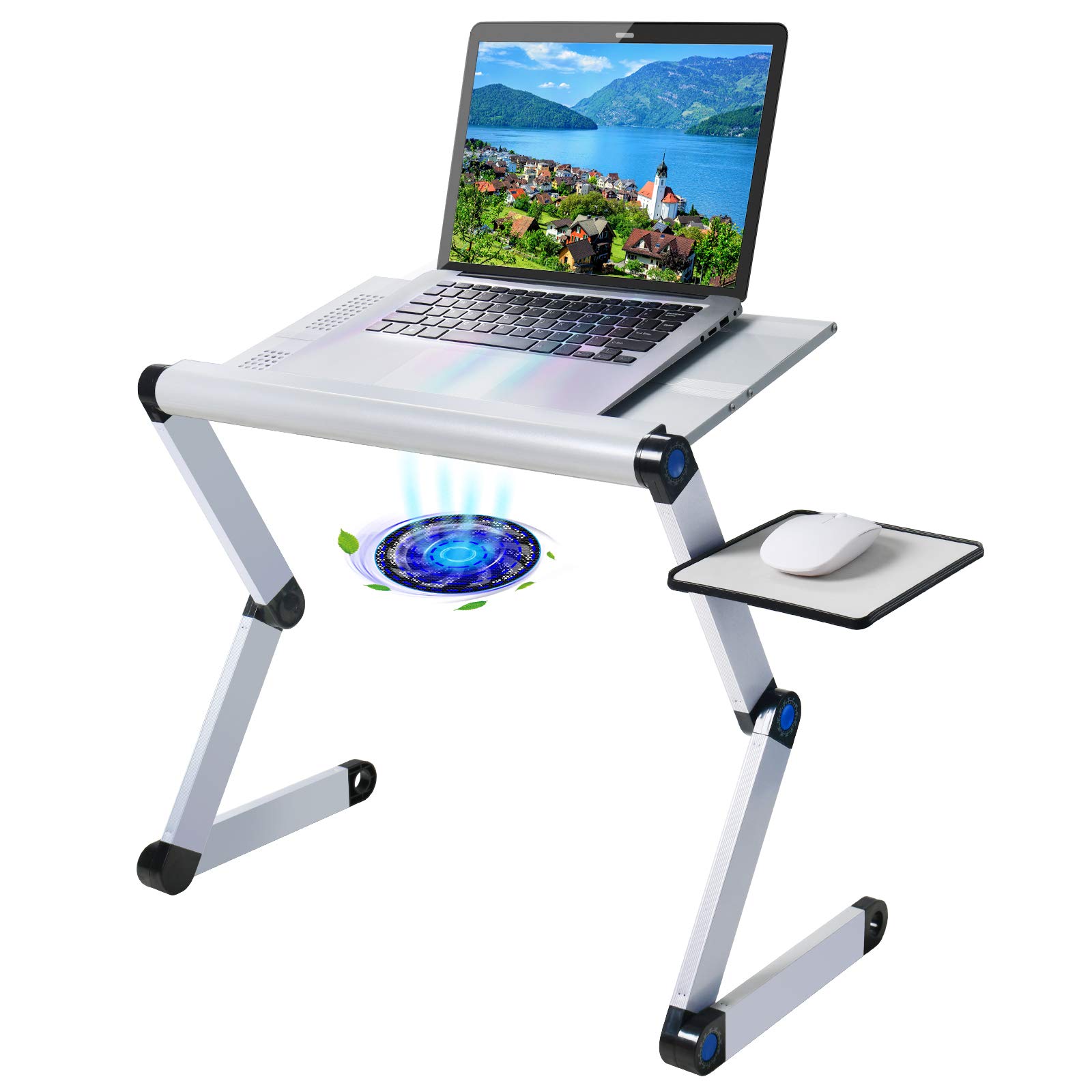 Upgraded Aluminum Laptop Stand Adjustable with Cooling Fan and Mouse Pad, Reinforced Ergonomic Lap Desk Foldable Portable Computer Table for Bed Sofa Couch Office (Extra Wide Tray: 19", Silver)