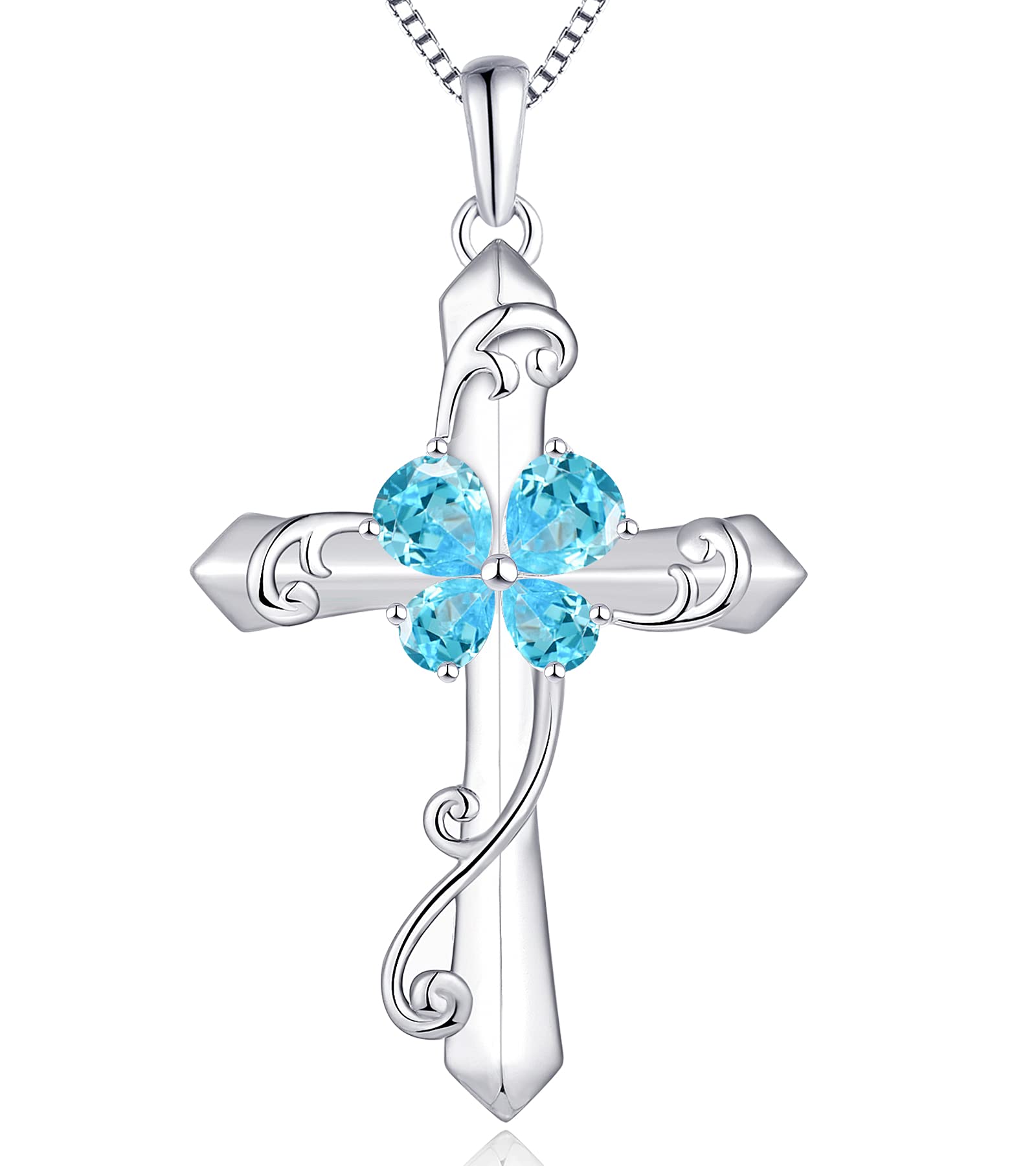 YL Women's Butterfly Cross Necklace Sterling Silver Created Aquamarine Leaves Pendant Crucifix Jewelry for Women