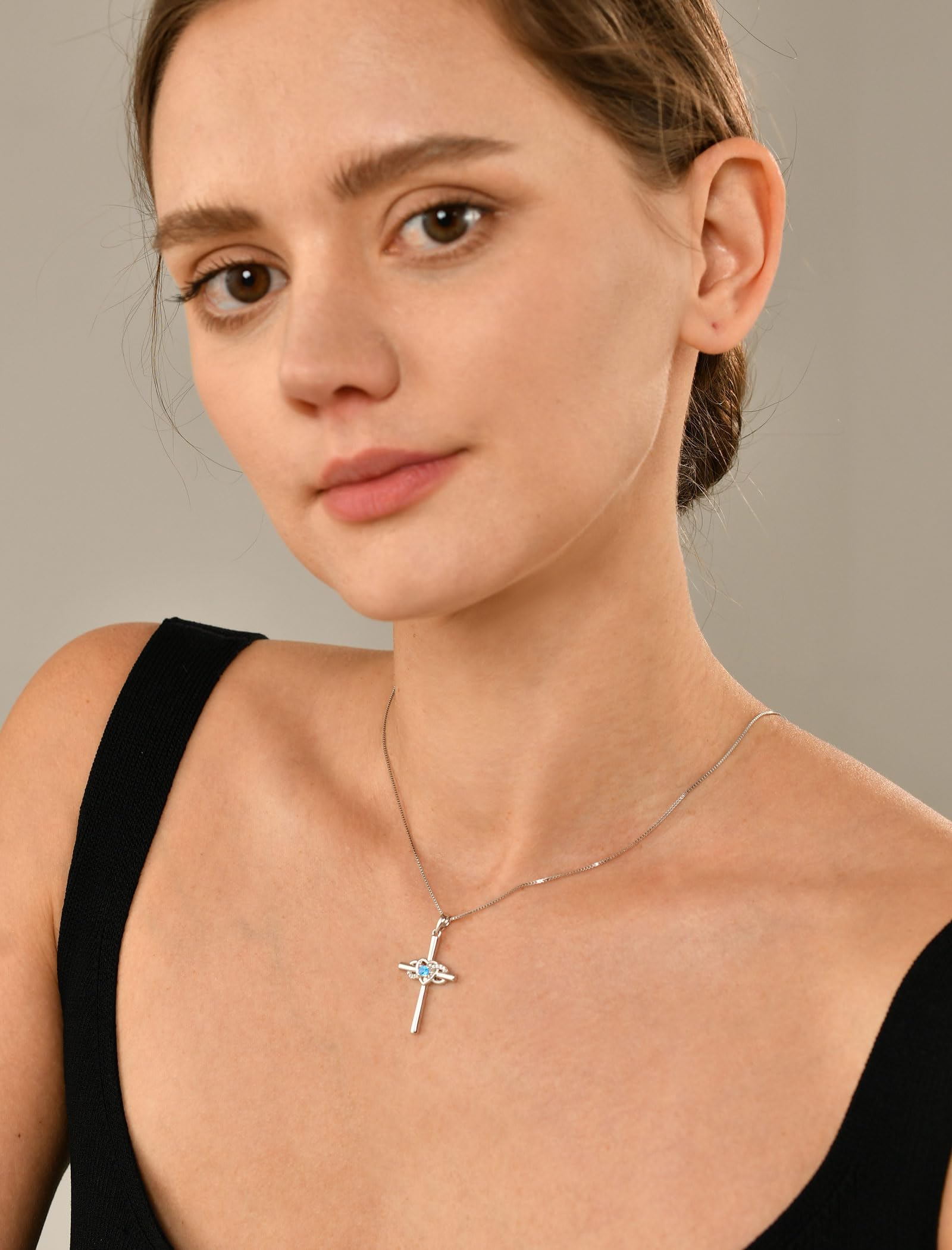 YL Women's Cross Necklace Sterling Silver Infinity Heart Crucifix Pendant Created Aquamarine Criss Jewelry