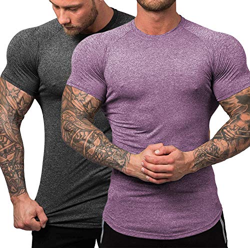 URRU Men's 2 Pack Quick Dry Workout T-Shirts Compression Athletic Baselayer Tee Gym Training Tops, Black/Purple S
