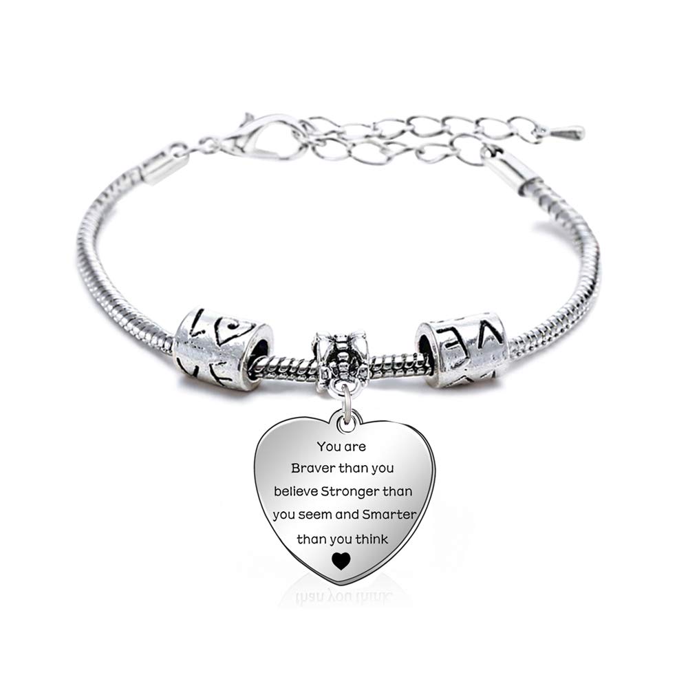 You are Braver Stronger Smarter than you think Inspirational Expandable Bangle Bracelet Women (Stainless Steel Heart Bracelet)