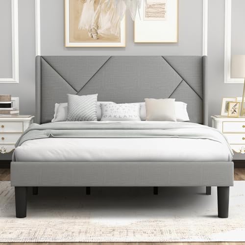 Wonder Comfort Queen Size Upholstered Bed Frame with Fabric Wingback Headboard/Upholstered Platform/12 Solid Wooden Slats, Non-Slip and Noise-Free, No Box Spring Needed, Light Gray