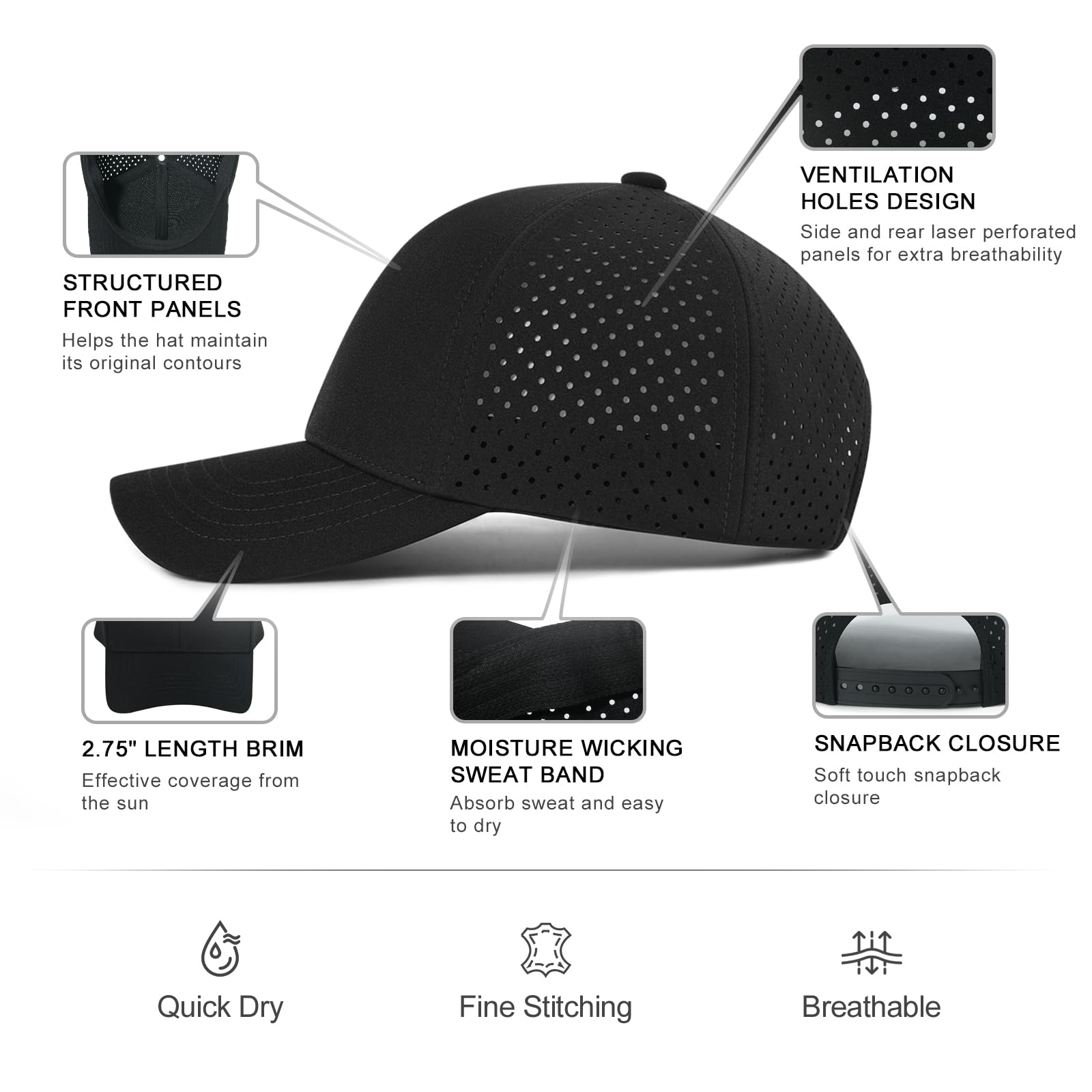 VOBOOM Men Quick Dry Baseball Cap Laser Cut Mesh Ball Cap Curved Brim Snapback Hat (Black)