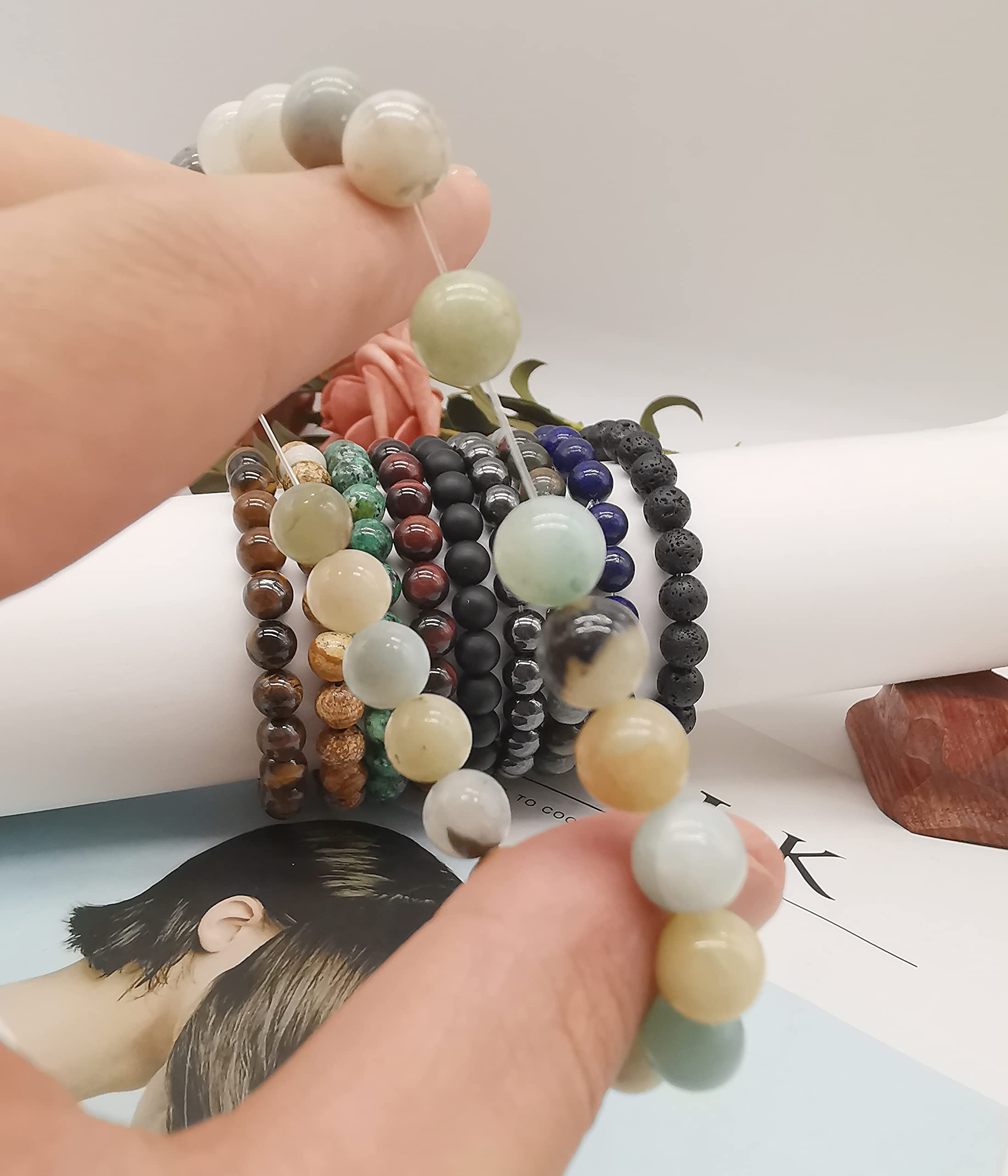WAINIS 10 Pcs 8mm Stone Semi-Precious Gemstones Beaded Bracelets for Men Women Crystal Stretch Beaded Bracelet Unisex