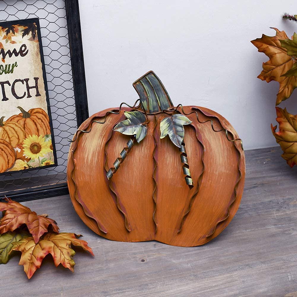 WHY Decor Metal Flat Pumpkin Decor Standing White Pumpkin Indoor Outdoor Autumn Fall Thanksgiving Harvest Halloween Home Decor for Yard Garden 19" H