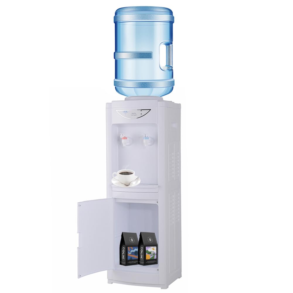 Water Cooler Dispenser 5 Gallon, Cold & Hot Water Cooler Dispenser Top-Loading Water Cooler 5 Gallon Children Safety Water Dispenser with Removable Drip Tray & Storage Cabinet for Home Office (White)
