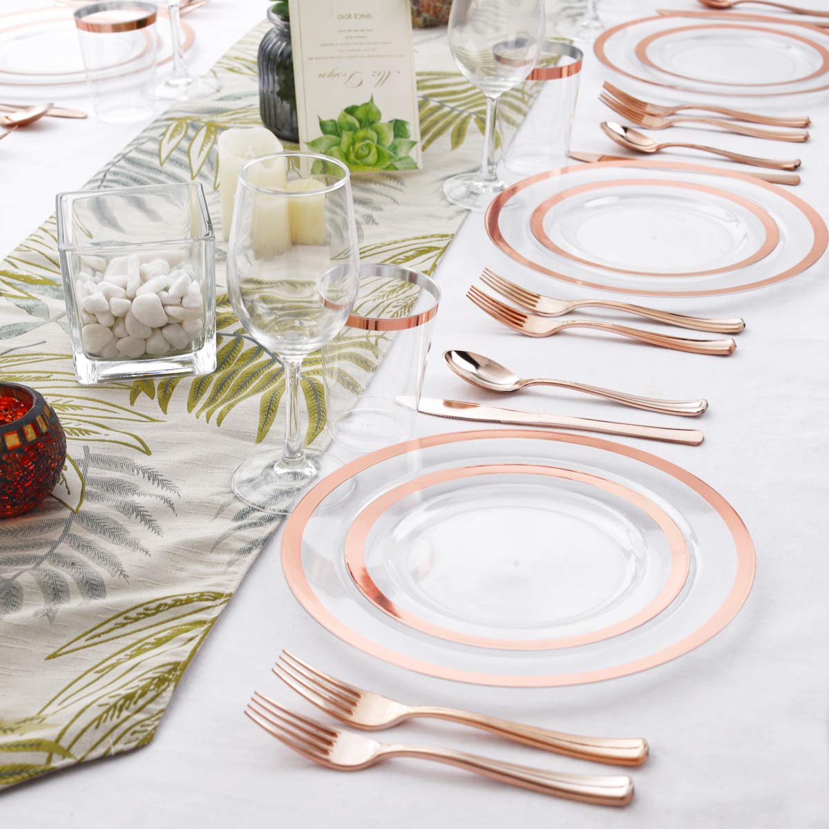 YOUBET 175Pieces Clear Plastic Plates with Rose Gold Rim&Rose Gold Plastic Silverware include 25Dinner Plates,25Salad Plates,25Forks, 25Knives,25Spoons, 25Cups,25Napkins