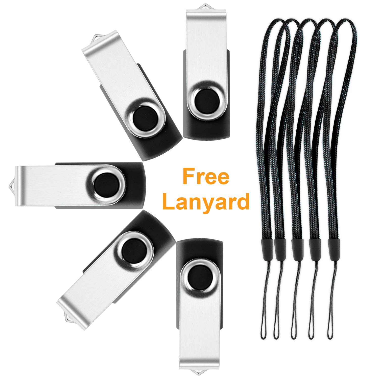 USB Flash Drive 32gb 5 Pack, Pnstaw USB 2.0 Memory Sticks Thumb Drives Pen Drives Jump Drive with 5 Lanyards for Data Storage, File Sharing, Black (32GB, Black)