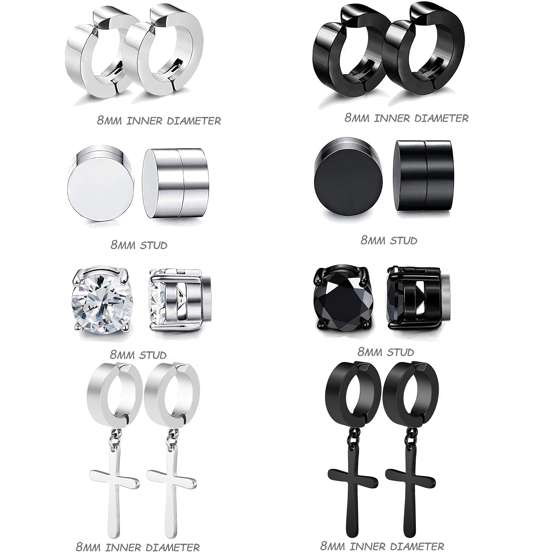 WAINIS 13 Pairs Stainless Steel Non Pierced Earrings for Men Women CZ Clip on Dangle Earrings Set