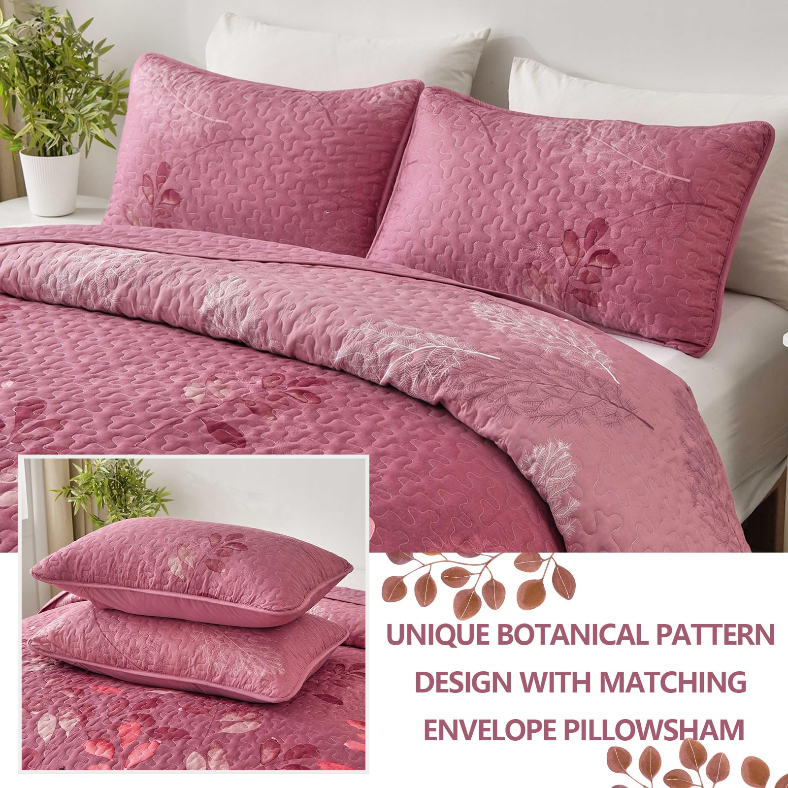WONGS BEDDING Red Floral Quilt Set King Size,3 Pieces Botancal Leaves Bedspread Coverlet Set with 2 Pillowcases for All Season, Soft Microfiber Floral Bedding Set 104"×90"