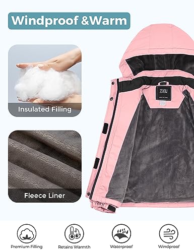 ZSHOW Girls' Ski Jacket Hooded Windproof Breathable Outerwear Warm Winter Coat(Coral Pink,14-16)