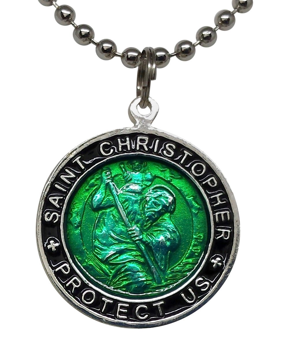 Wet Products St. Christopher Surf Necklace, Large Pendant, Green with Black Rim, 23 Inch Ball Chain